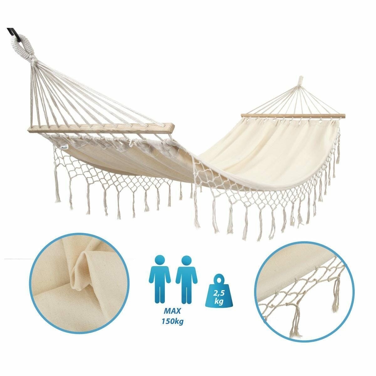 DECATHLON Гамак Enero Camp 2-местный 200x150 см с перекладиной и бахромой, белый