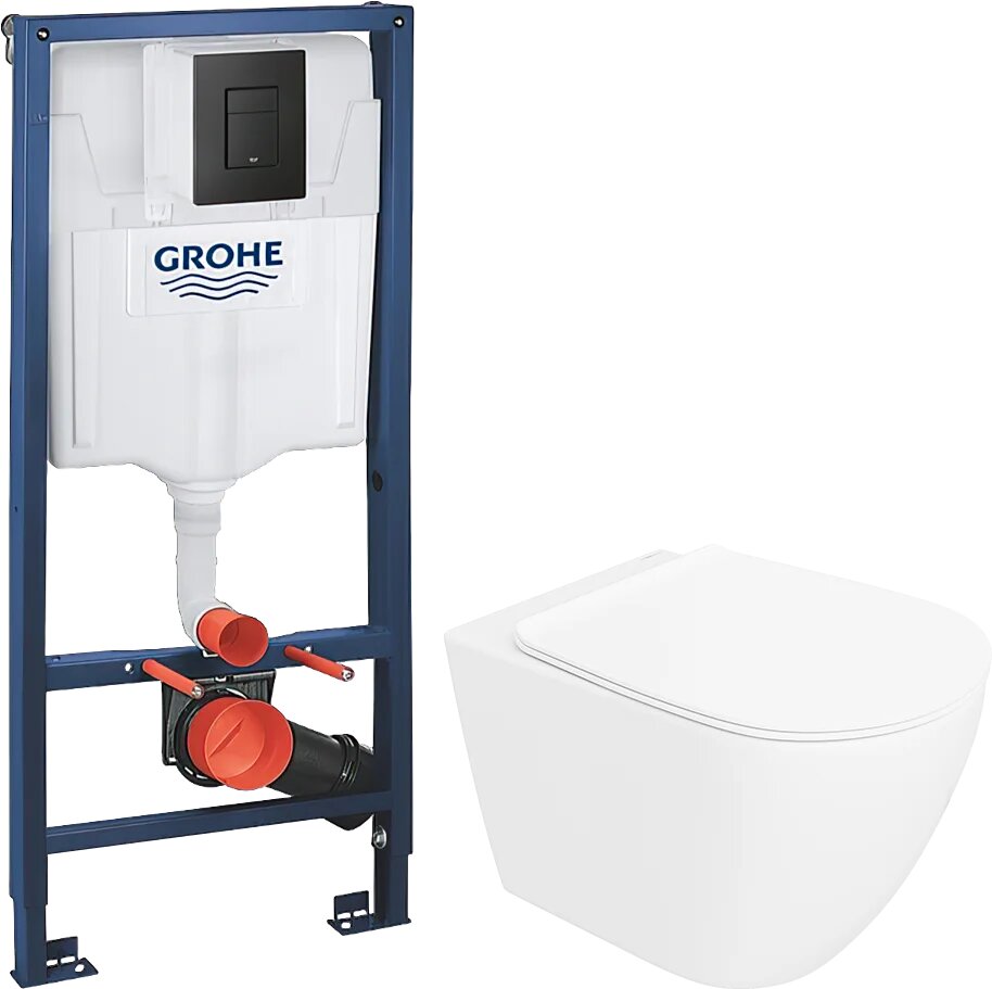 Комплект 5 в 1 Унитаз подвесной STWORKI Левангер S07401WH, безободковый, смыв Торнадо, с микролифтом, антивсплеск / Инсталляция с кнопкой Grohe Solido 38811KF0 цвет черный / Комплект креплений