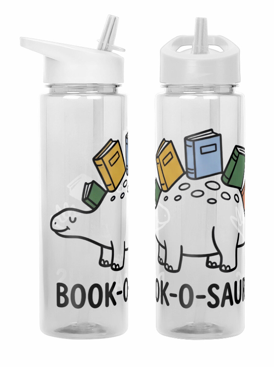 Бутылка белая для воды с принтом Book-o-saurus, Бук-о-завр, динозавр книголюб