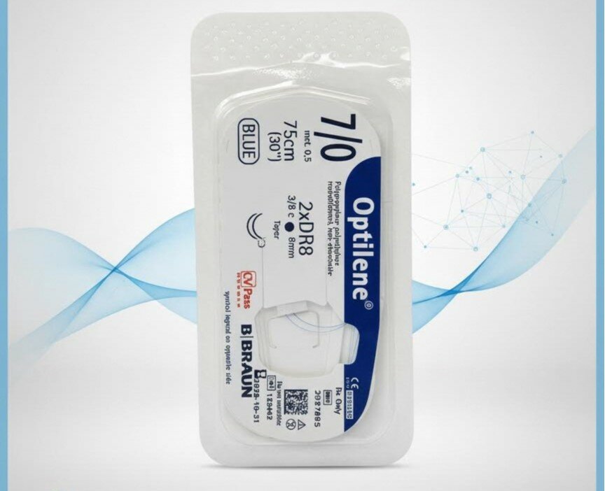 Оптилен 7/0 (0,5), нить монофиламентная 75 см, 2 колющие иглы 8 мм, окружностью 3/8