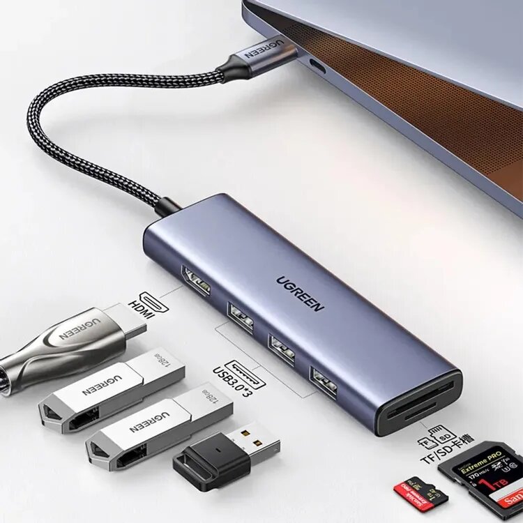 Хаб (разветвитель) UGREEN CM511 Revodok, серый (20956a), USB 3.2х3, HDMI х 1, SD х 1, пассивный — фото 1