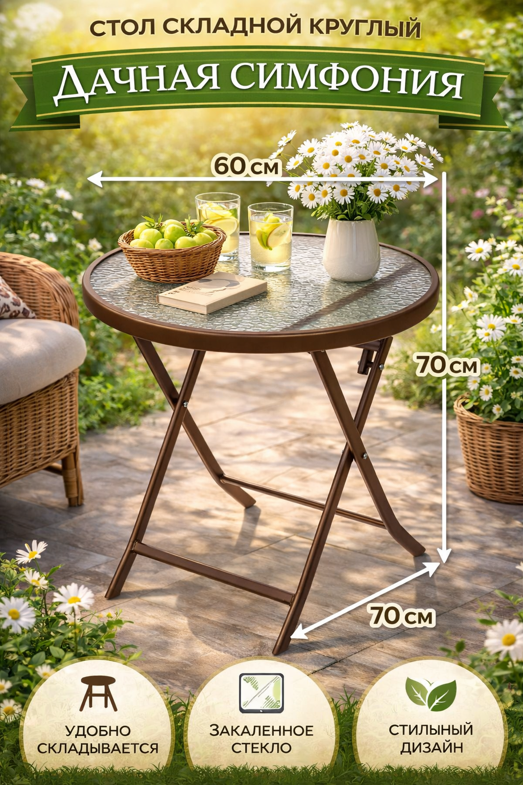 Стол складной круглый "Дачная симфония", 60*70 см, коричневый