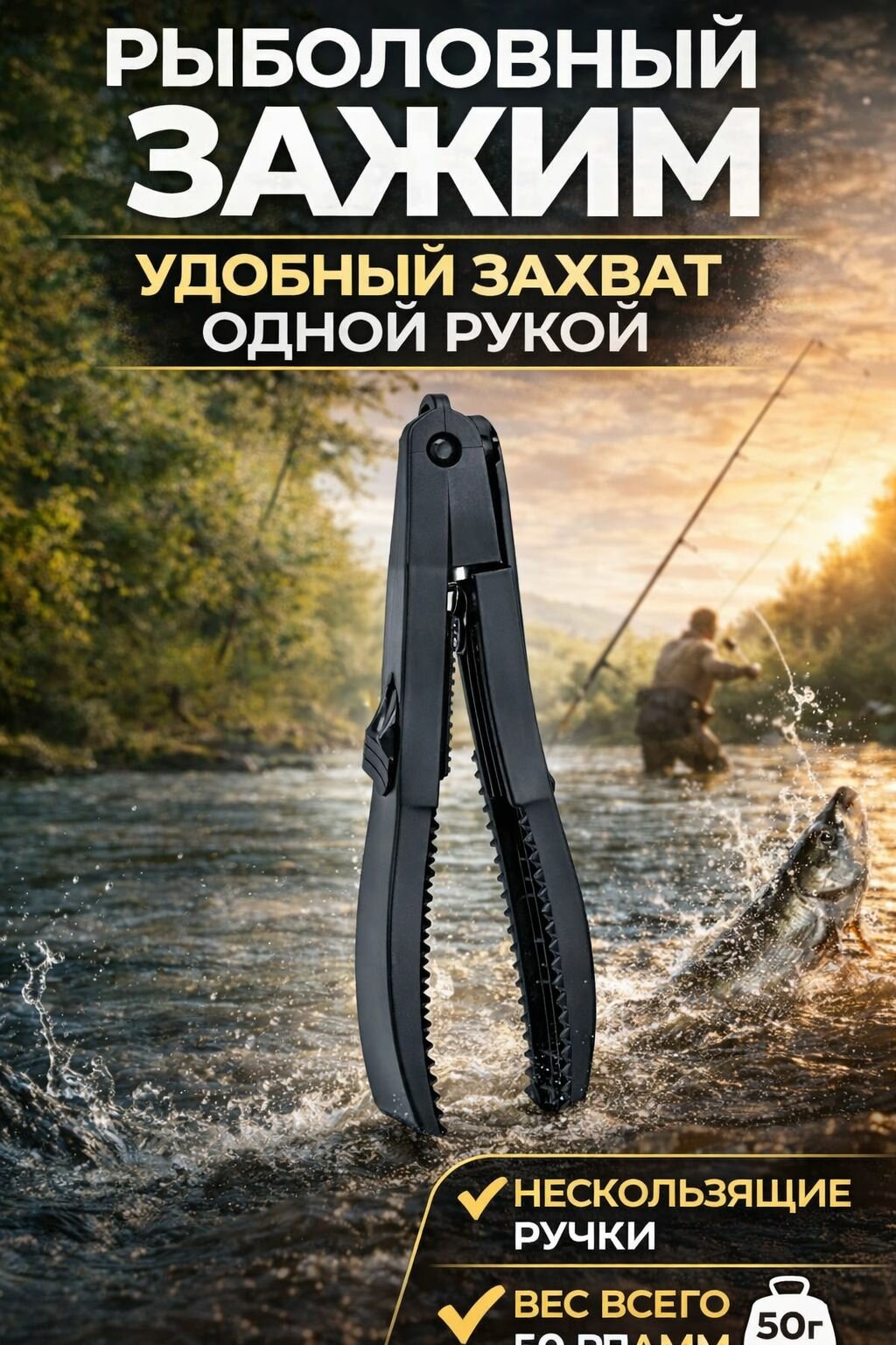 Зажим для рыбы рыболовный черный, липгрип, щипцы для снятия рыбы с крючка, удобный хват одной рукой