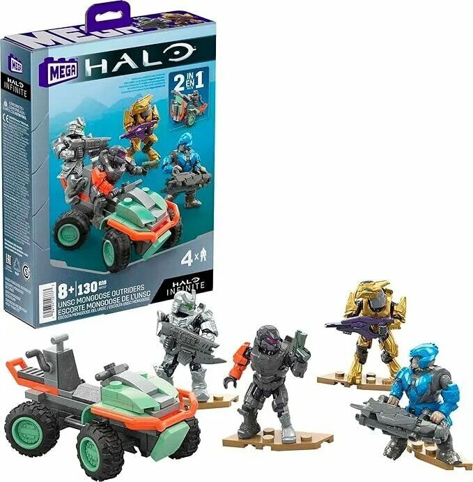 Набор для создания игрушечного транспортного средства MEGA Halo, райдеры UNSC Mongoose из 130 деталей, 4 микро-фигурки и аксессуары, Идеи подарков для детей