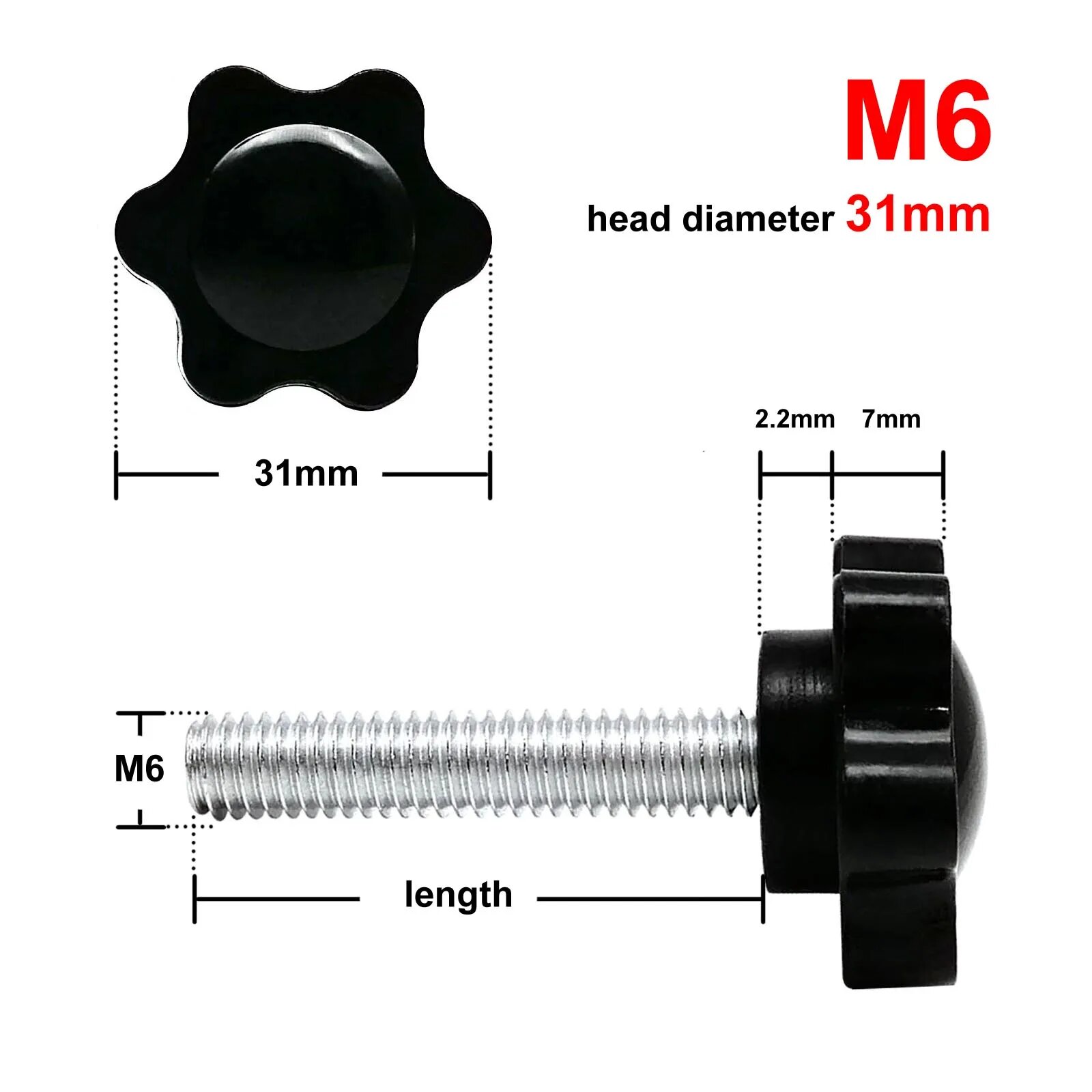 2/5 шт. M4 M5 M6 M8 M10 Черный пластиковый ручной затягивающий винт с шестилопастной головкой Регулируемый зажимной болт без инструментов длиной 8-100 мм