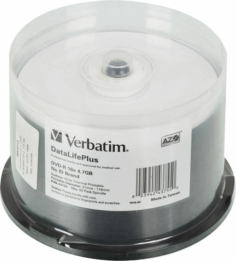 Диск DVD-R Verbatim 4,7 Gb, 16х Cake Boх 50 шт Printable (43755)