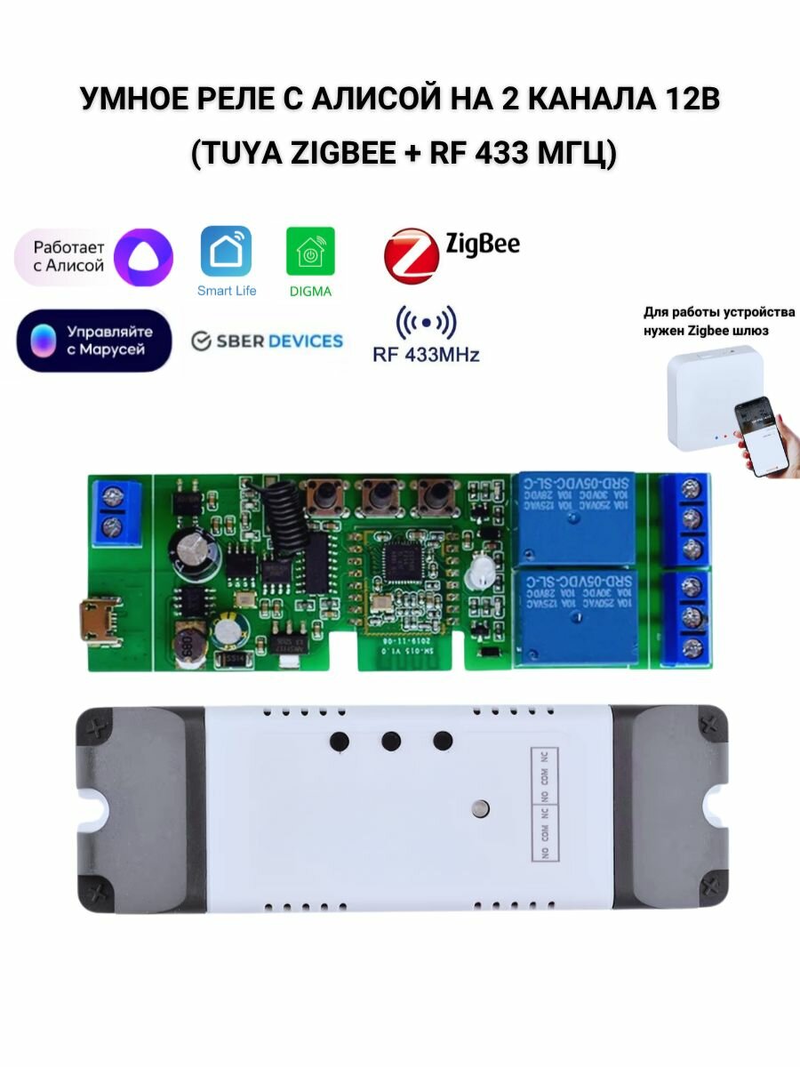 Умное реле с Алисой на 2 канала 12В, (Tuya Zigbee + RF 433 МГц)
