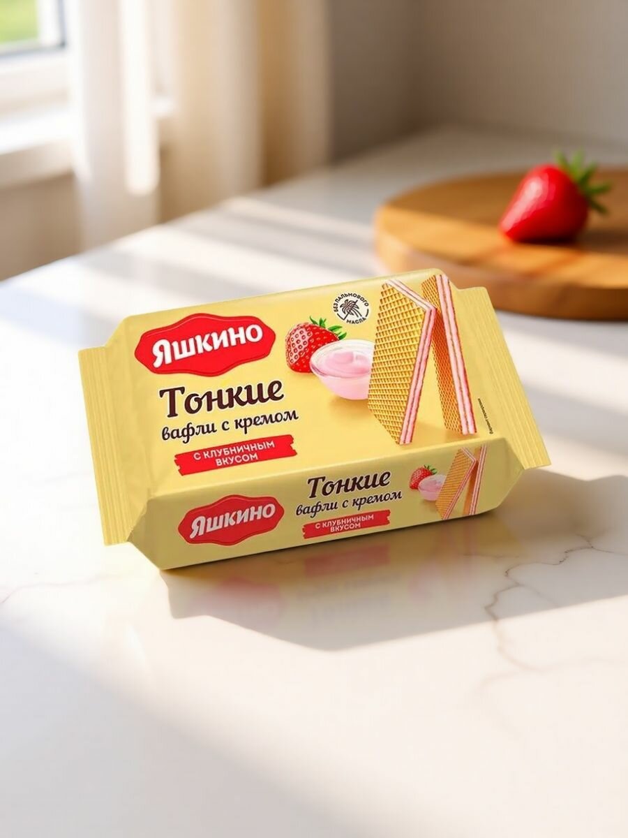 Яшкино, вафли тонкие с кремом с клубничным вкусом