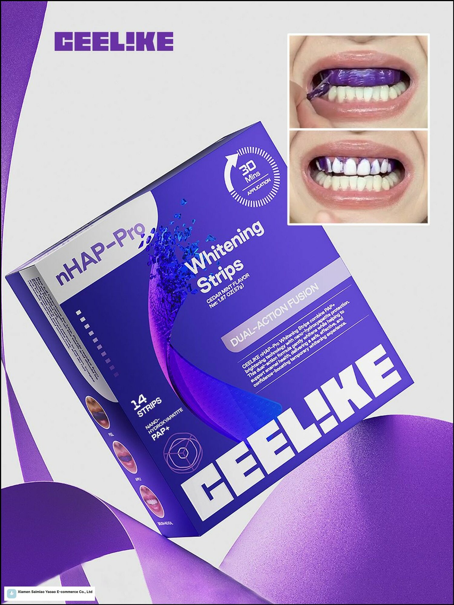 Отбеливающие полоски для зубов CEELIKE мгновенное отбеливание за 30 минут, с гидроксиапатитом, со вкусом мяты.
