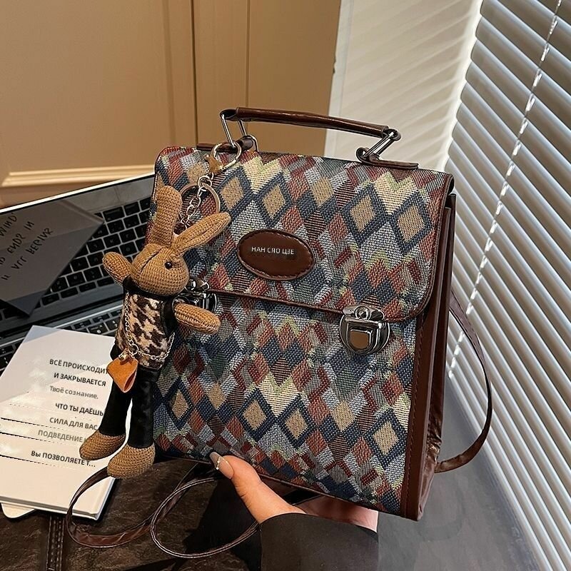 Рюкзак женский NAN XIAO JIE в стиле ретро с ромбовидным узором, NXJ-2024-RetroPlaid, синий