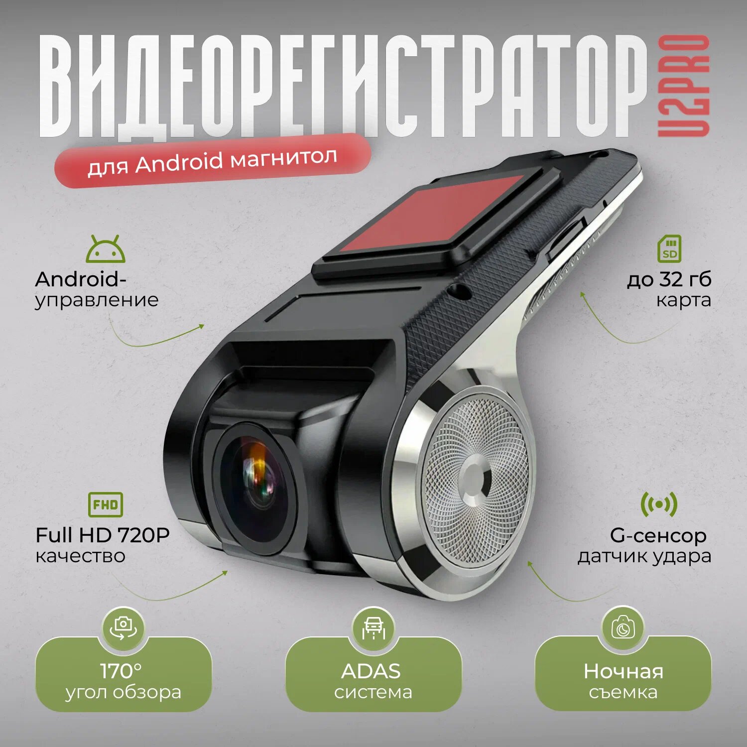 Видеорегистратор для магнитол на Android с режимом ночного видения, угол 170 DVR, U2