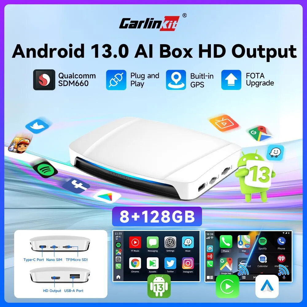 Автомагнитола Android 13 с 8 ГБ+128 ГБ и процессором Snapdragon 660, HDMI-выход, беспроводной CarPlay и Android Auto, Wi-Fi/Bluetooth