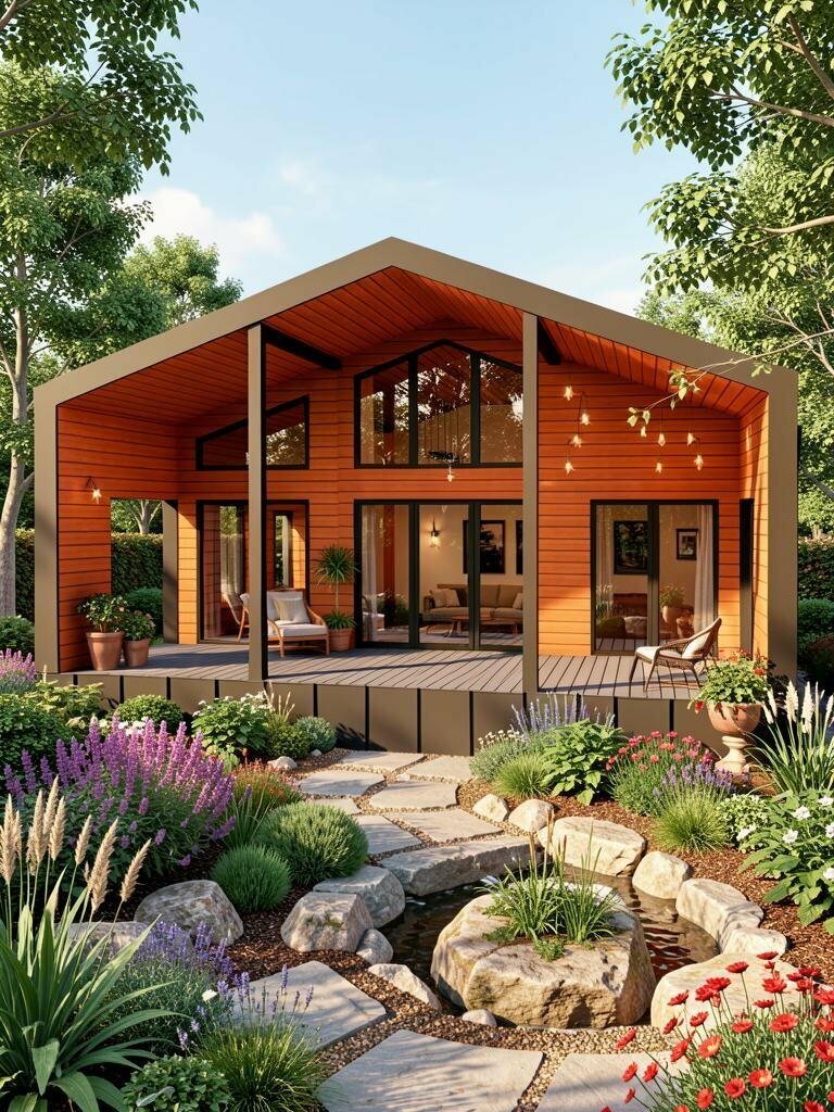 Проект одноэтажного каркасного дома c тремя комнатами, кухней-гостиной, террасой и вторым светом 12.67х8.17 м