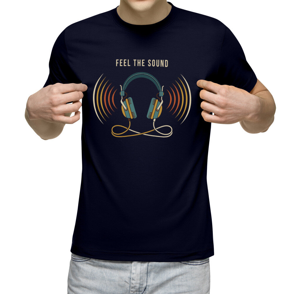 Мужская футболка «Feel the sound наушники музыка ретро стиль» (темно-синий, M)