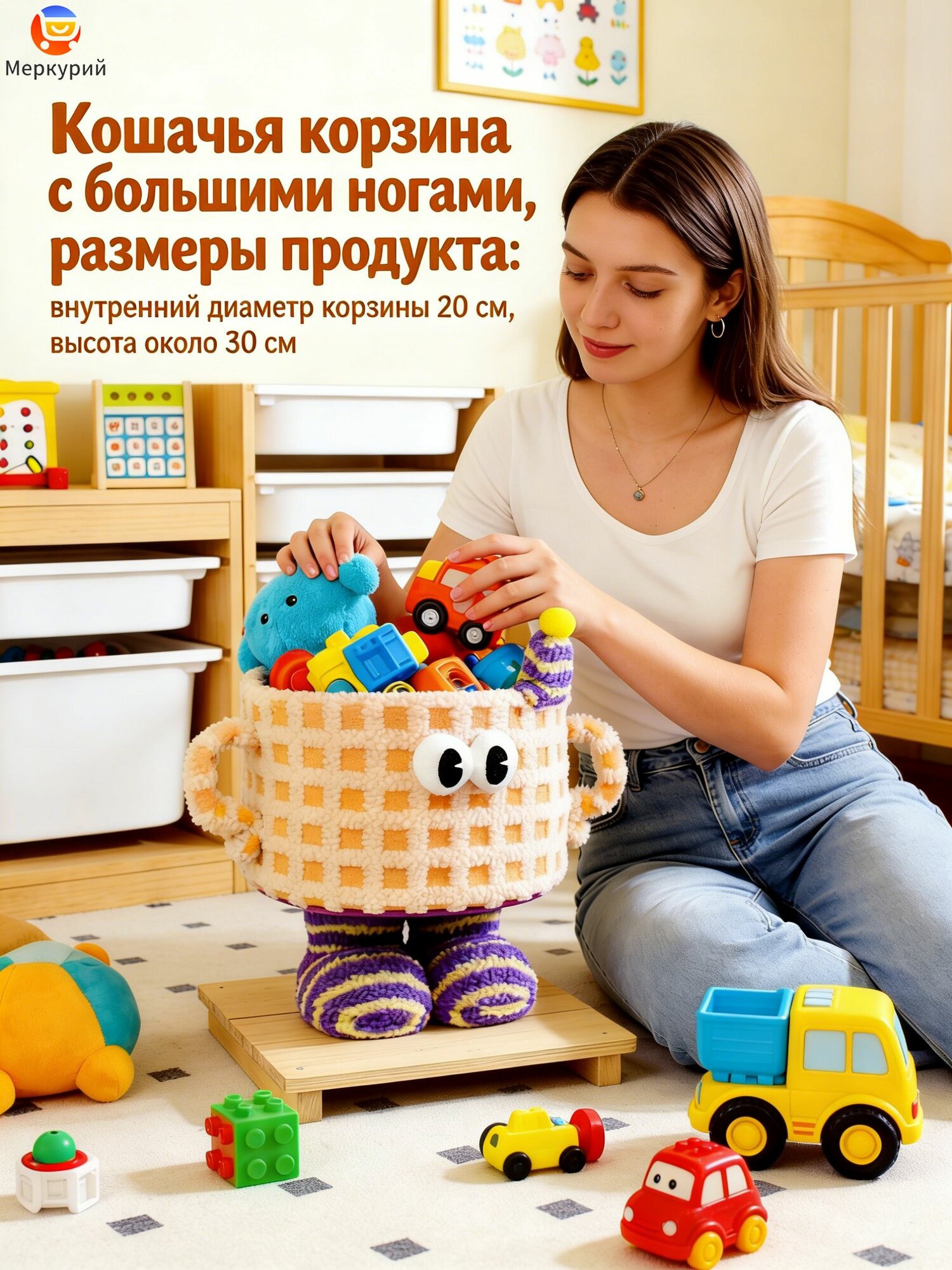 Большая корзина для хранения в виде мультяшного монстра, пушистая из искусственного меха, для игрушек и вещей, яркий и стильный органайзер