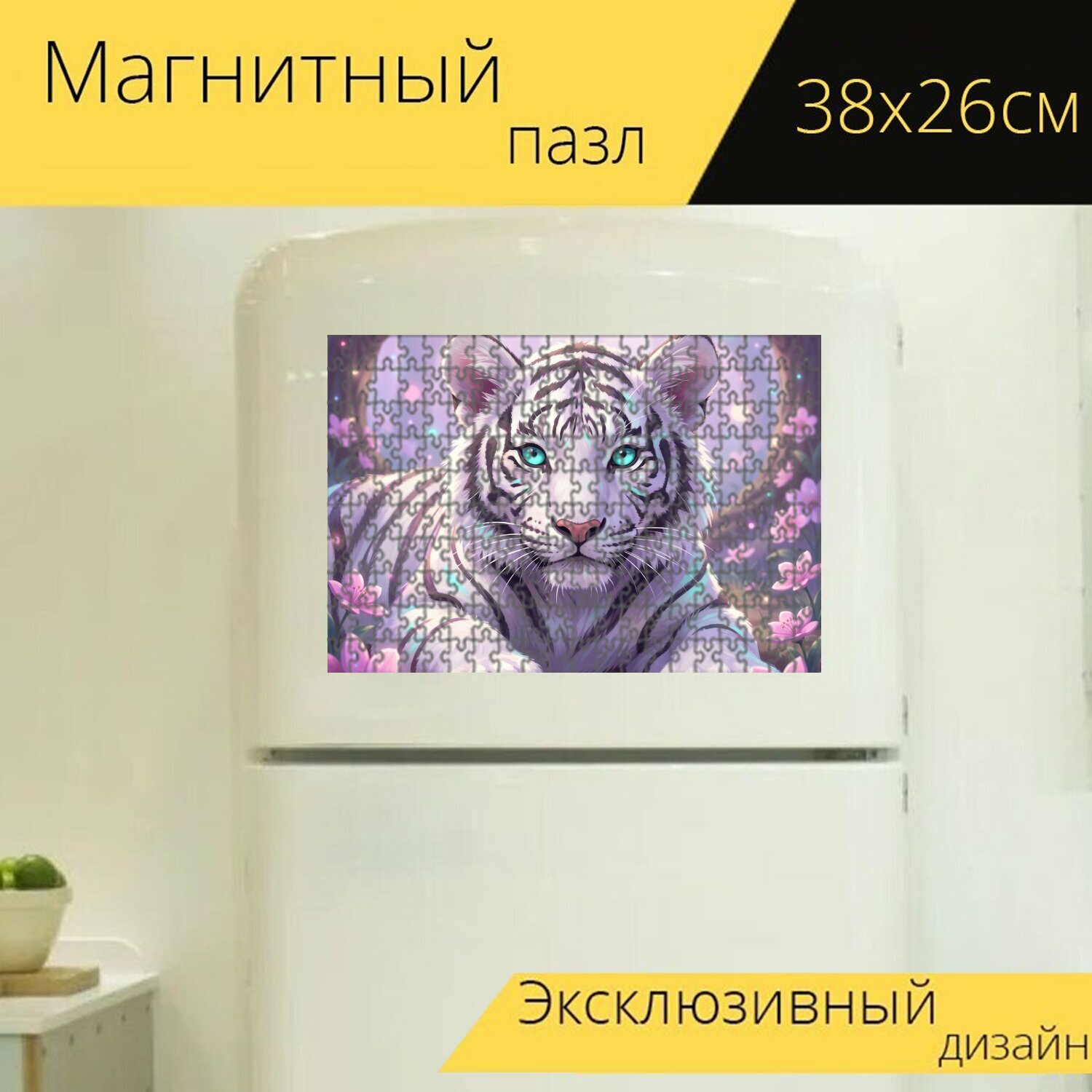 Магнитный пазл "Белый тигр среди цветов. Нежный сказочный арт с белоснежным хищником и яркими розовыми лепестками в волшебном лесу. Лавандовые оттенки." для интерьера, 38х26 см.