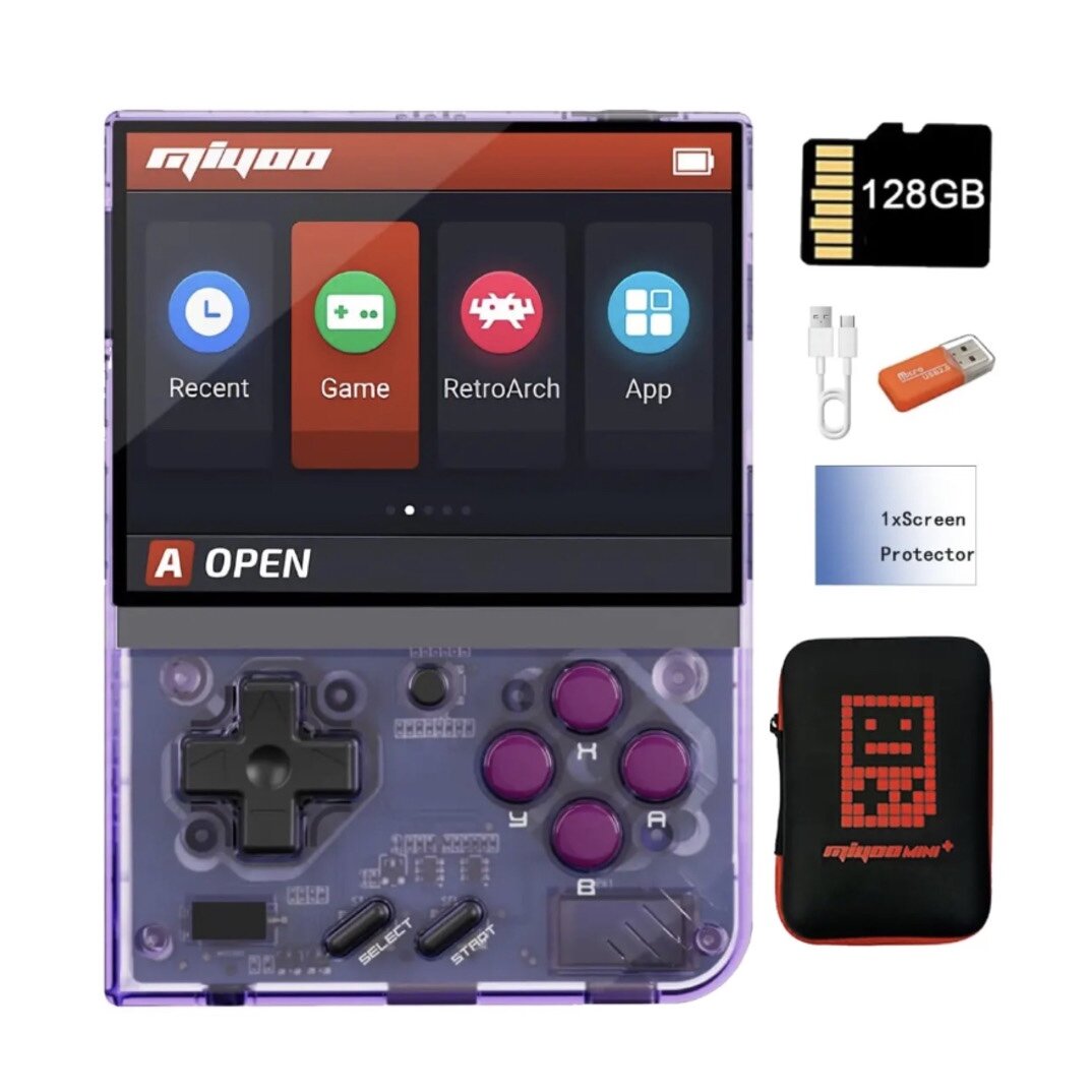 MIYOO Mini+ Plus портативная игровая консоль с 64 ГБ памяти, серый цвет, в комплекте чехол