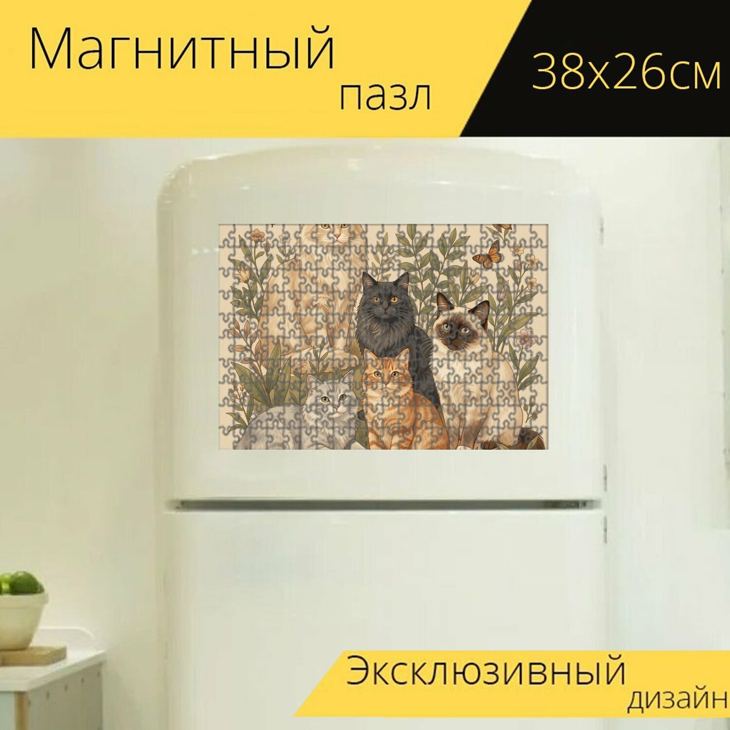 Магнитный пазл "Коты среди цветов и бабочек. Пять домашних кошек в окружении полевых растений и порхающих бабочек, нежная иллюстрация в пастельных бежевых." для интерьера, 38х26 см.