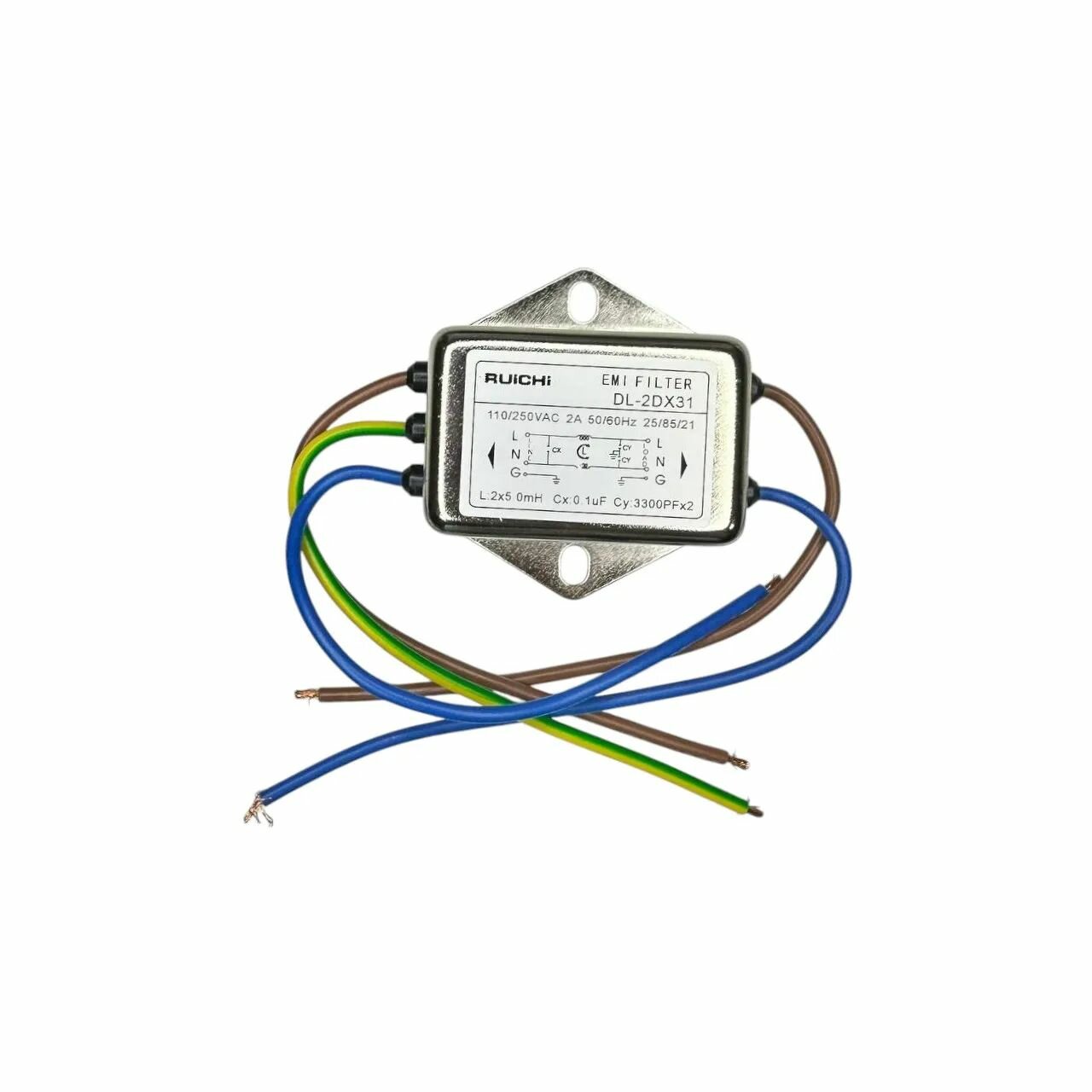 Сетевой фильтр однофазный DL-2DX31 2А 250/110В (50/60 Гц), 2,2 (4,7) нФ