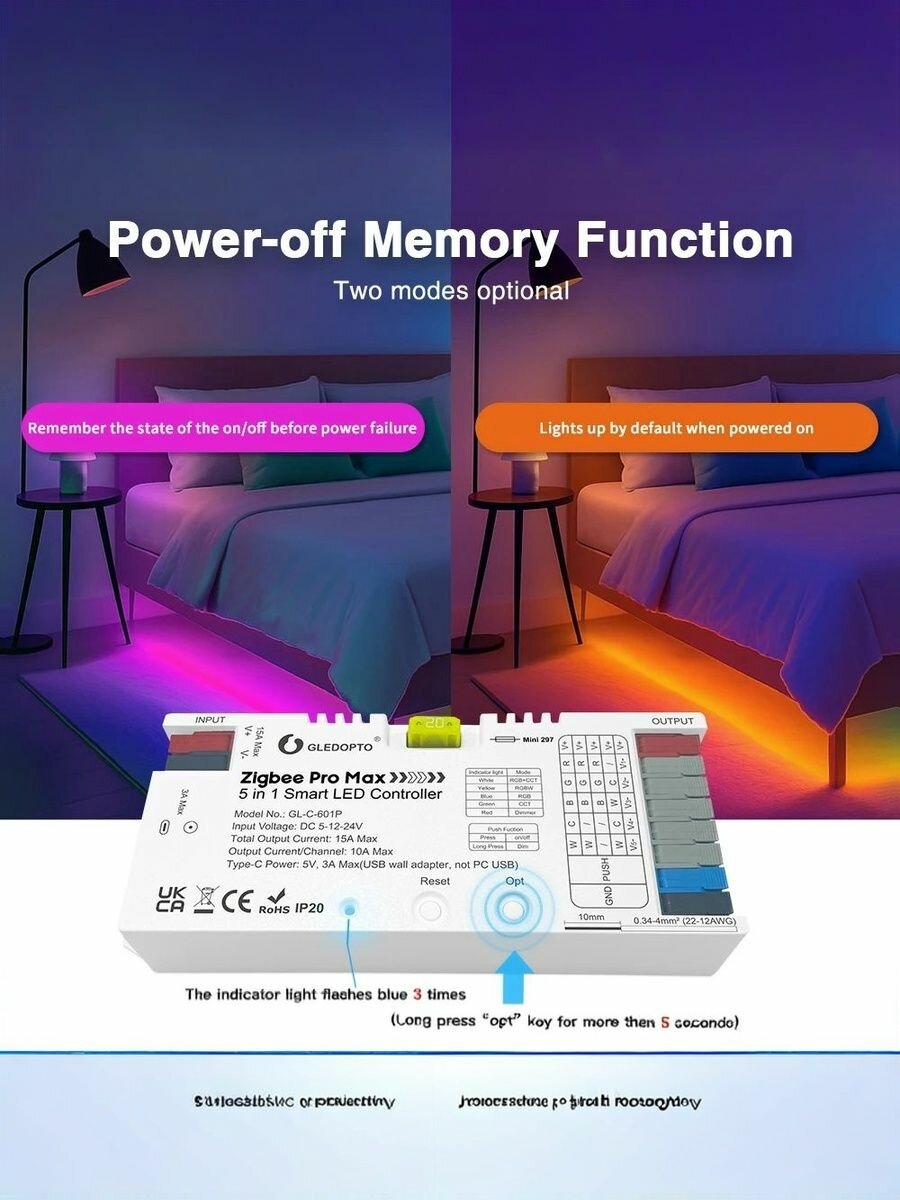 Контроллер светодиодной ленты GLEDOPTO ZigBee 3.0 Pro Max 5 в 1 PWM регулировка RGBCCT RGBW CCT Монохром Управление через APP и голосовое Для аналоговых LED