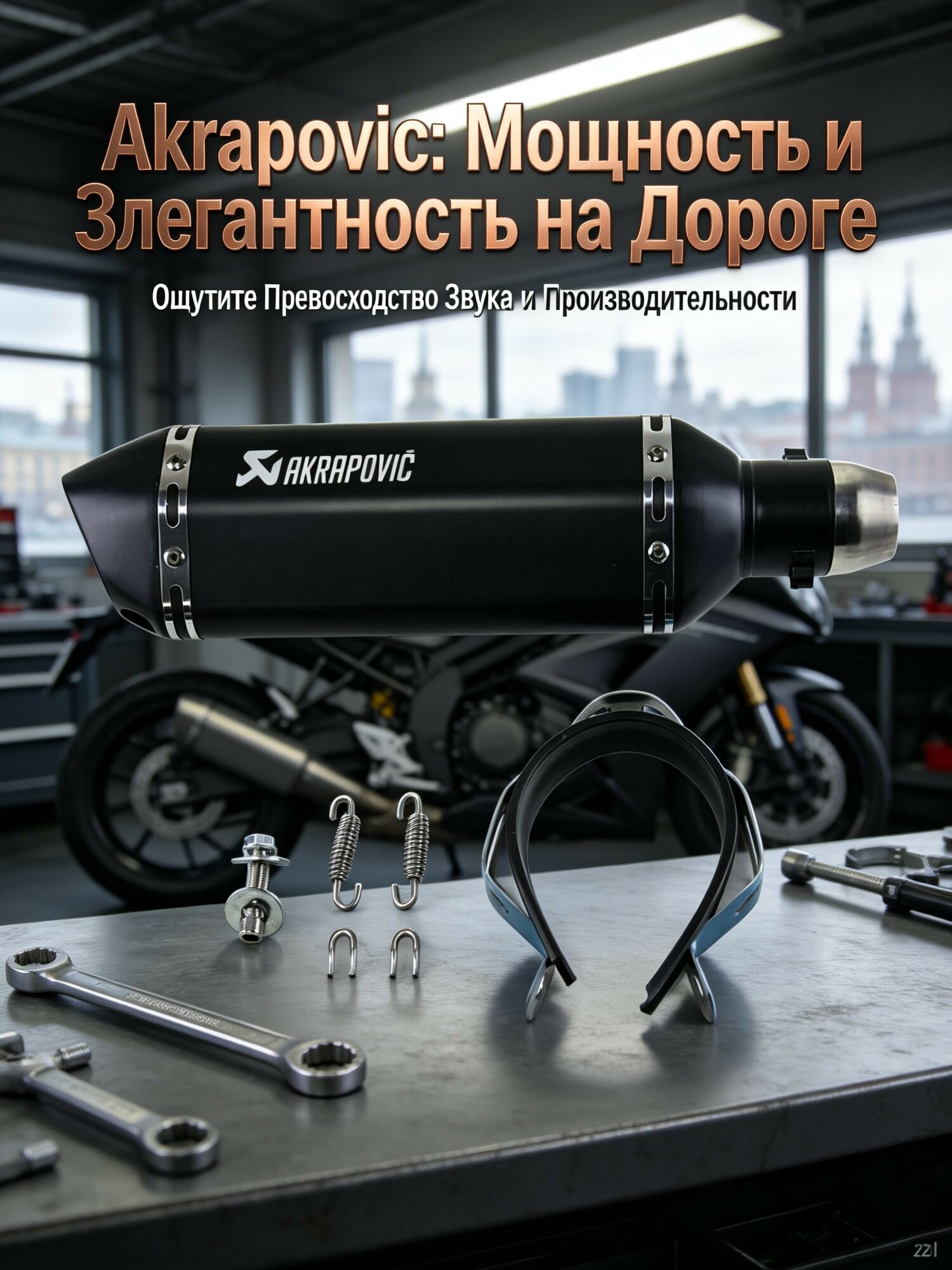 Akrapovic Gasoline 370 мм, прямоточный универсальный глушитель для мотоцикла, питбайка и квадроцикла со съёмным db киллером