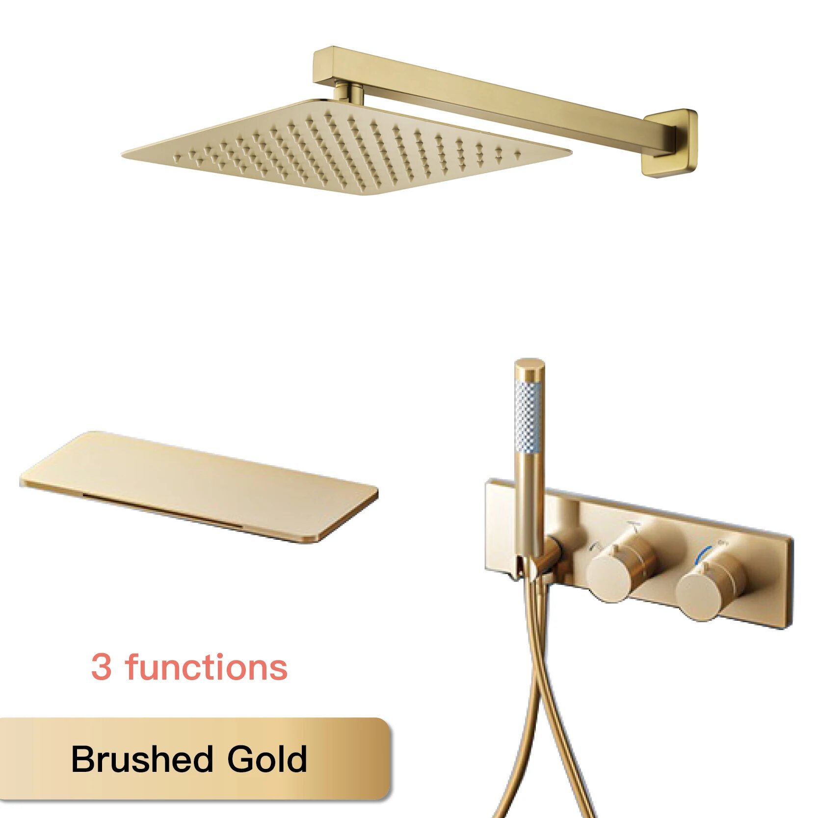 Современная черно-бронзовая ванная термостатическая потолочная душевая система со встроенной в стену 3-функциональной водопадной краном для холодной и горячей воды-3 Брушированный золото