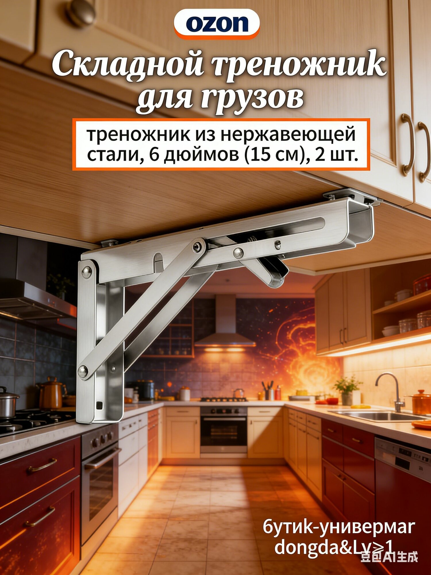 Складной кронштейн для полки 6 дюймов (15 см), комплект 2 шт с фиксатором — до 60 кг, серый металлик, для дома и дачи