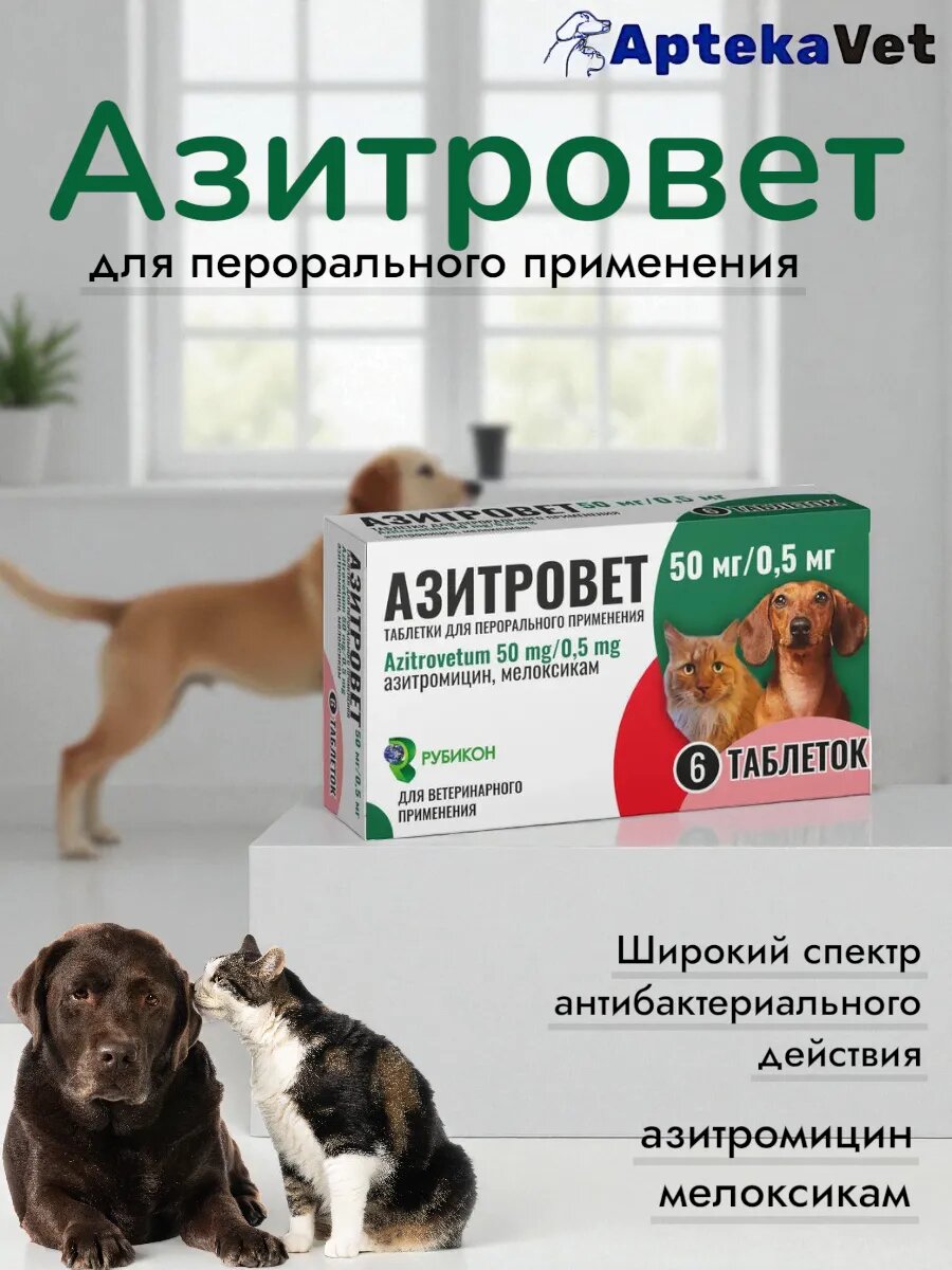 Азитровет 50мг/0,5мг; в уп. 6 табл. при бактериальных болезнях