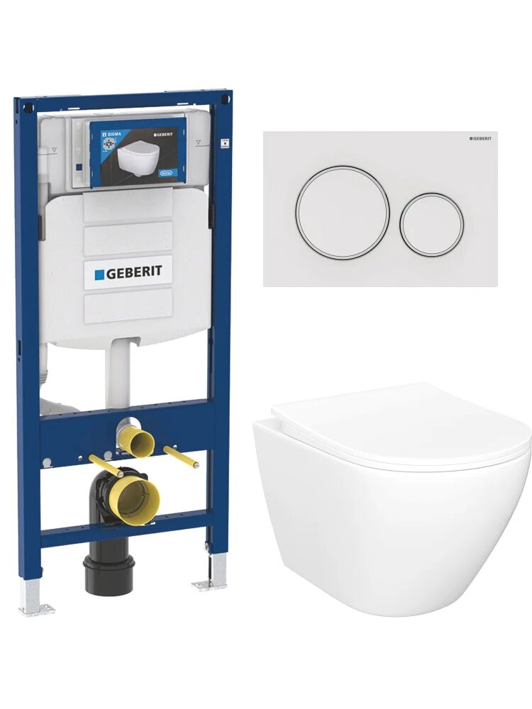 Комплект 4 в 1: Инсталляция Geberit Duofix UP 320 111.300.00.5 (111.950.00.6) / Унитаз подвесной STWORKI Кронборг S28401WH безободковый, с микролифтом / Комплект креплений, Кнопка Geberit Sigma 20 115.882.11.1, глянцевая белая