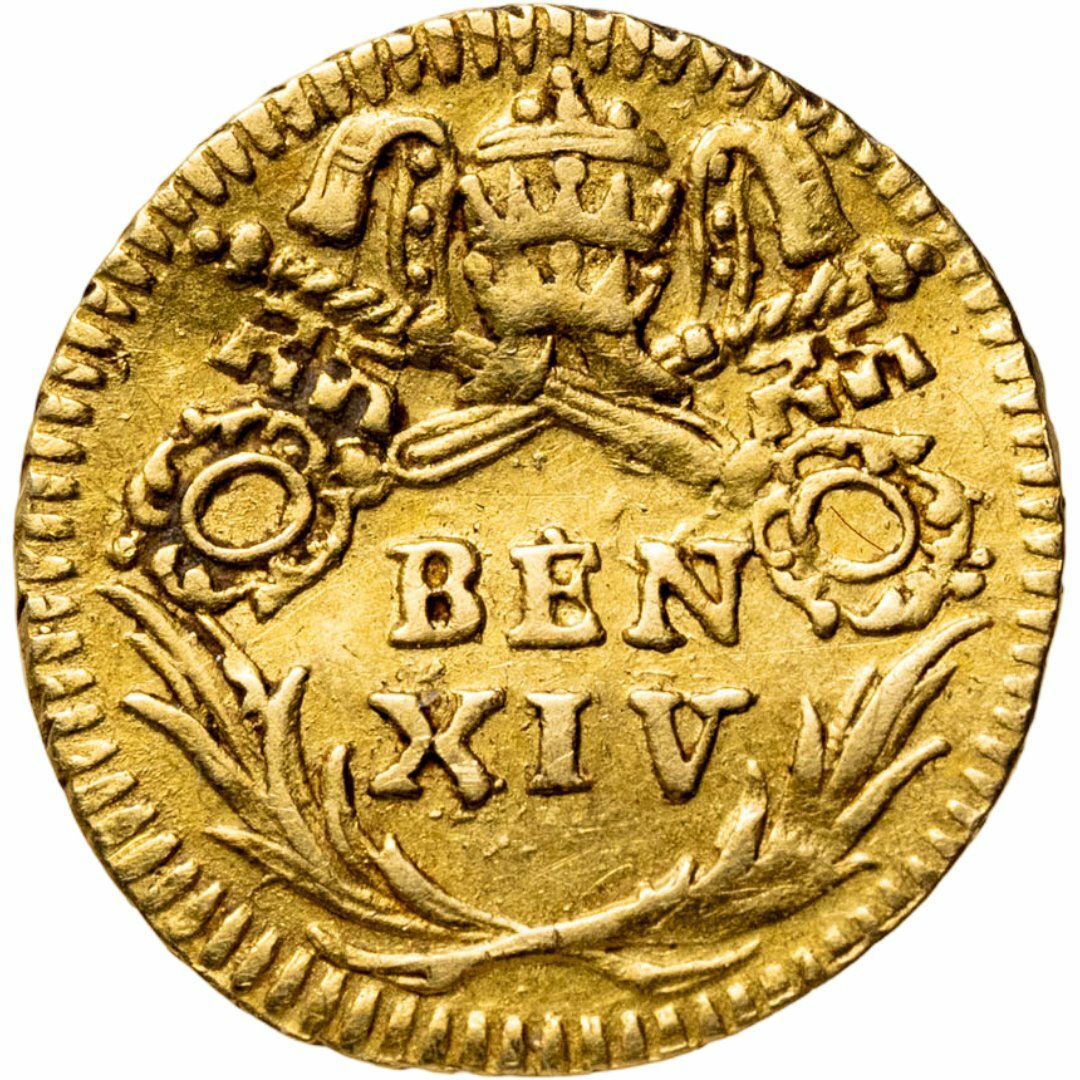 Папская область 1/2 скудо 1740-1751 Монета без года Корона над скрещенными ключами на аверсе, Золото 552, в сохранности XF-AU