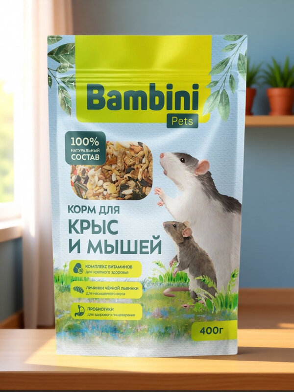 Корм Bambini "Pets", для крыс и мышей, сбалансированный, 400 гр. 1 уп