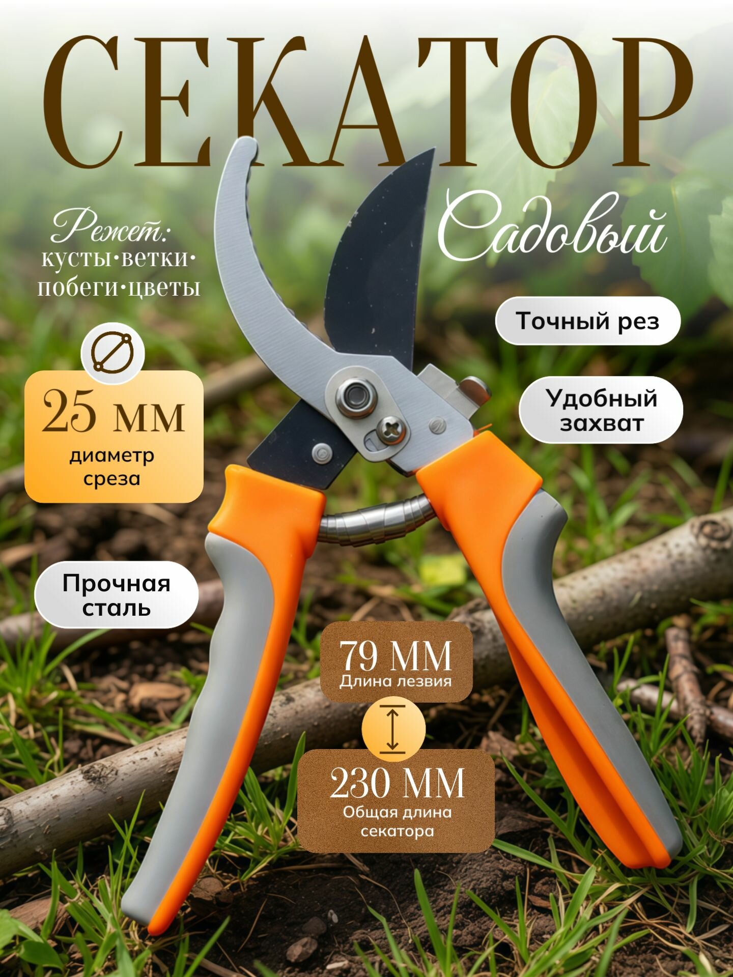 Секатор крупный садовый профессиональный; кусторез для дачи и растений