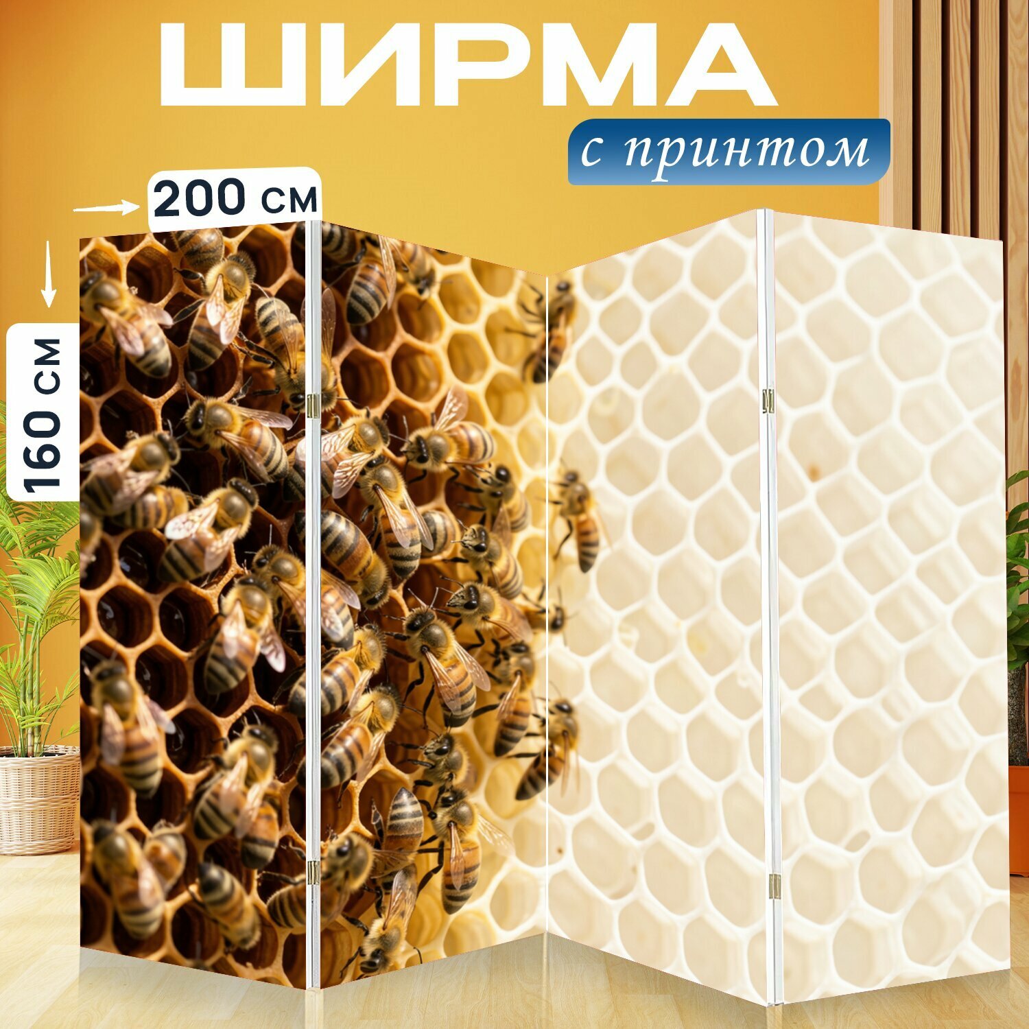 Ширма "Пчелы на медовых сотах. Макросъемка улья с роем на восковой ячейке, золотисто-бежевые оттенки." перегородка для зонирования комнаты с принтом 200x160 см. на холсте