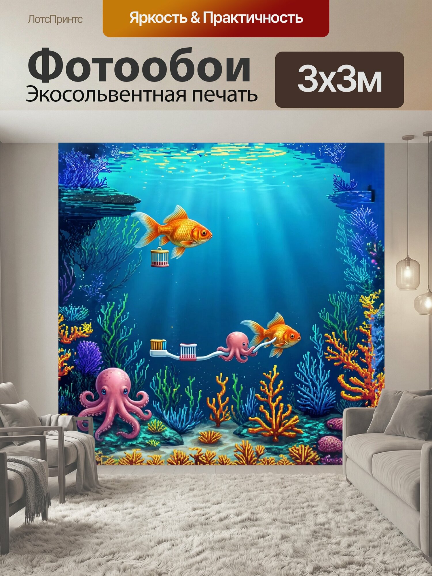 Фотообои "В мультфильме в стиле пиксель-арт показан подводный мир, где морские обитатели, такие как рыбы и осьминоги, заботятся о своих зубах." 300x300 см. экосольвентная печать