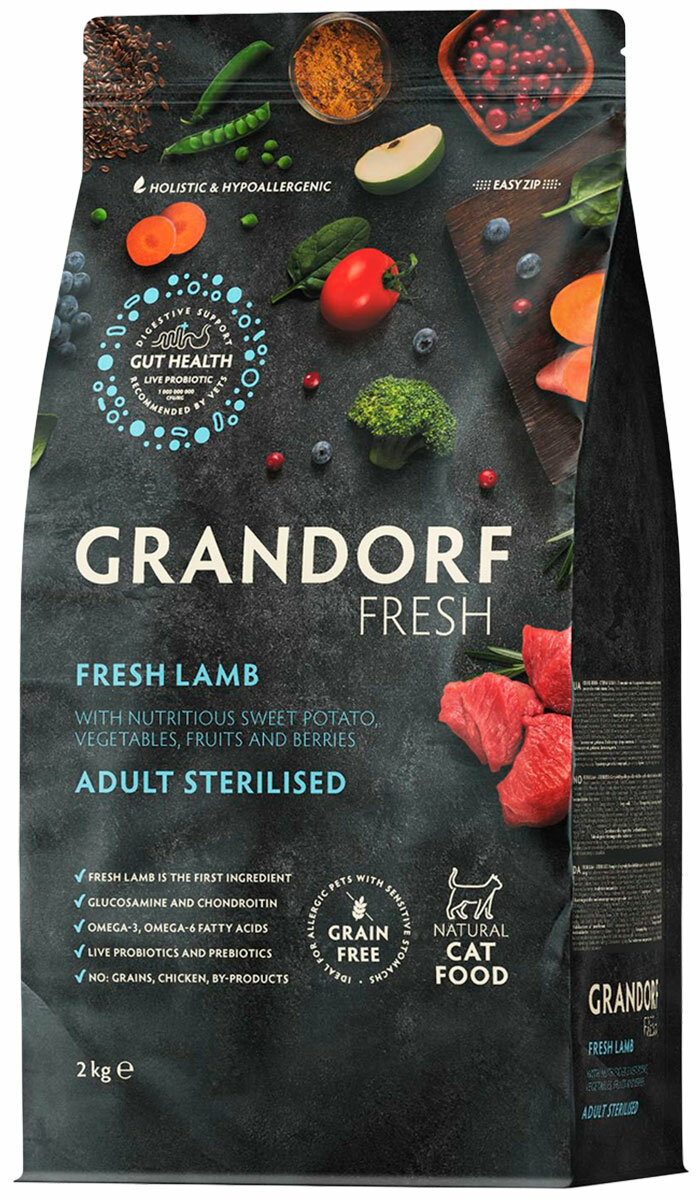 Корм сухой Grandorf Fresh Grain Free Cat Adult Sterilised Lamb & Sweet Potato беззерновой для взрослых кастрированных котов и стерилизованных кошек, ягненок, батат, 2 кг