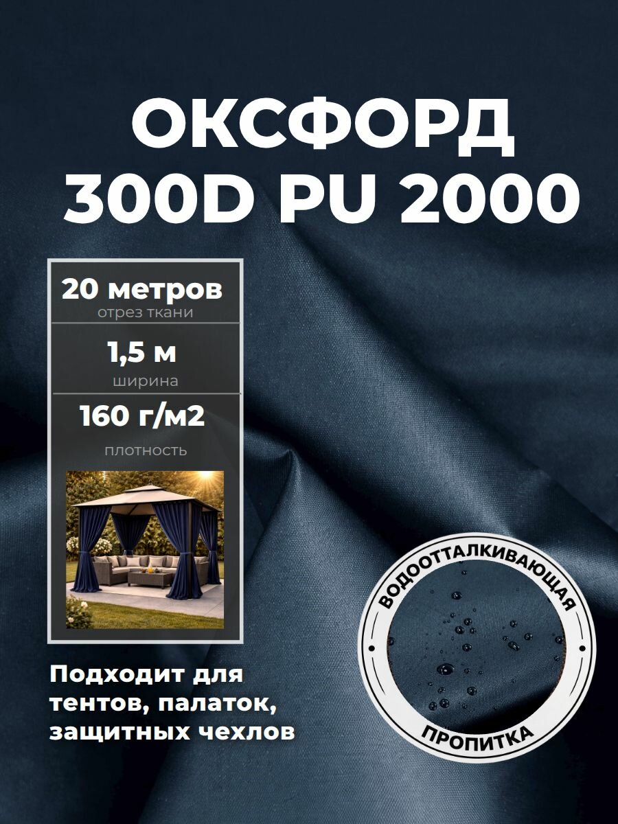 Ткань Оксфорд Oxford 300D PU, пропитка водоотталкивающая, цв. темно-синий, ш-150 см, отрез 20 метров