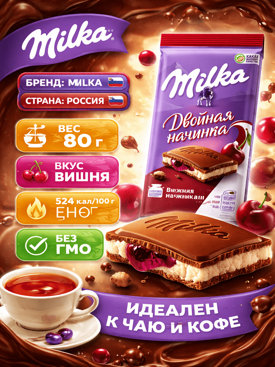 Шоколад Milka молочный двойная начинка вишня, 80г