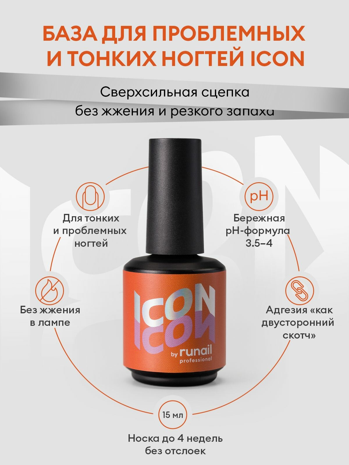 База для ногтей каучуковая адгезивная ICON by runail professional, 15 мл №МП1001 каучуковая база адгезивная база
