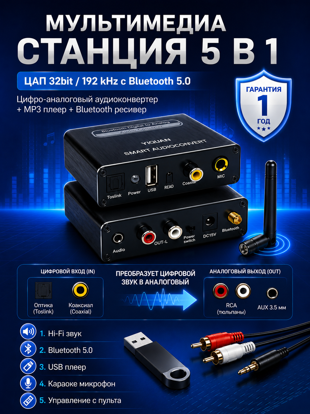 Конвертер аудио Optical Coaxial на Aux RCA Bluetooth адаптер mp3 плеер цап Блютуз приемник 5 в 1
