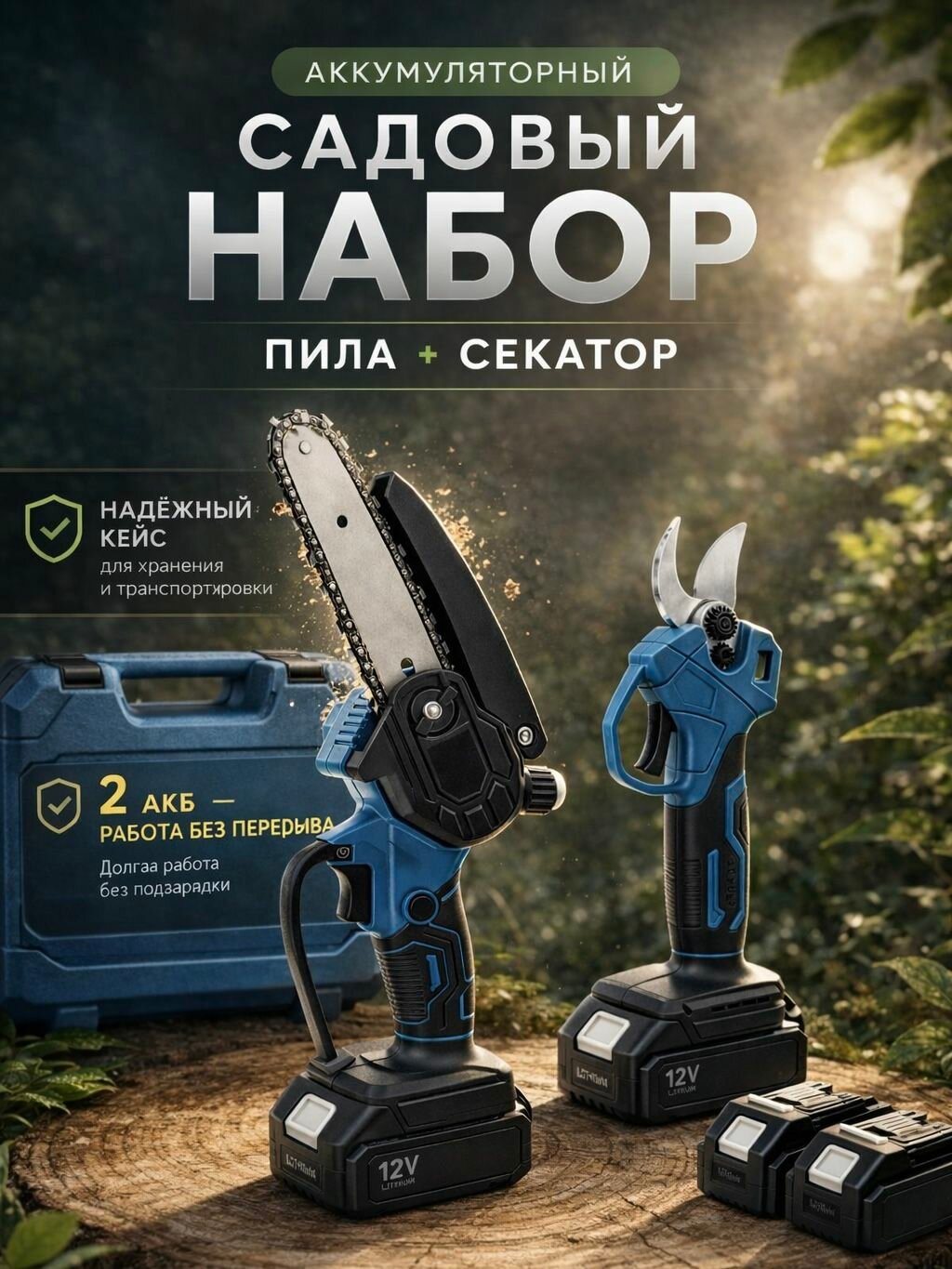 Мини пила аккумуляторная цепная и секатор кусторез садовый в наборе