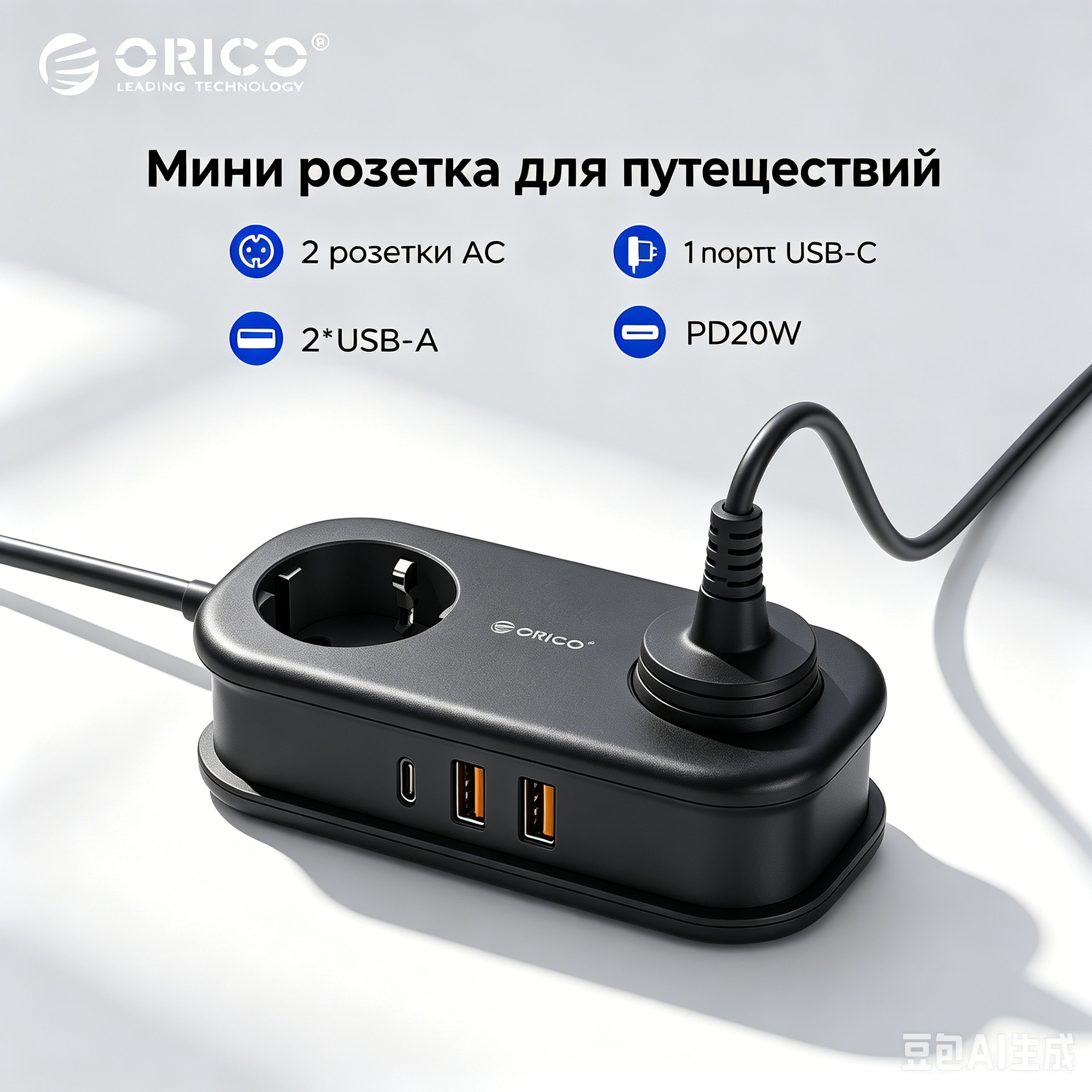 Удлинитель дорожный с быстрой зарядкой PD 20W и намоткой кабеля, 2 розетки Schuko + 3 USB (2A+1C), 1.53м, для путешествий, черный/белый