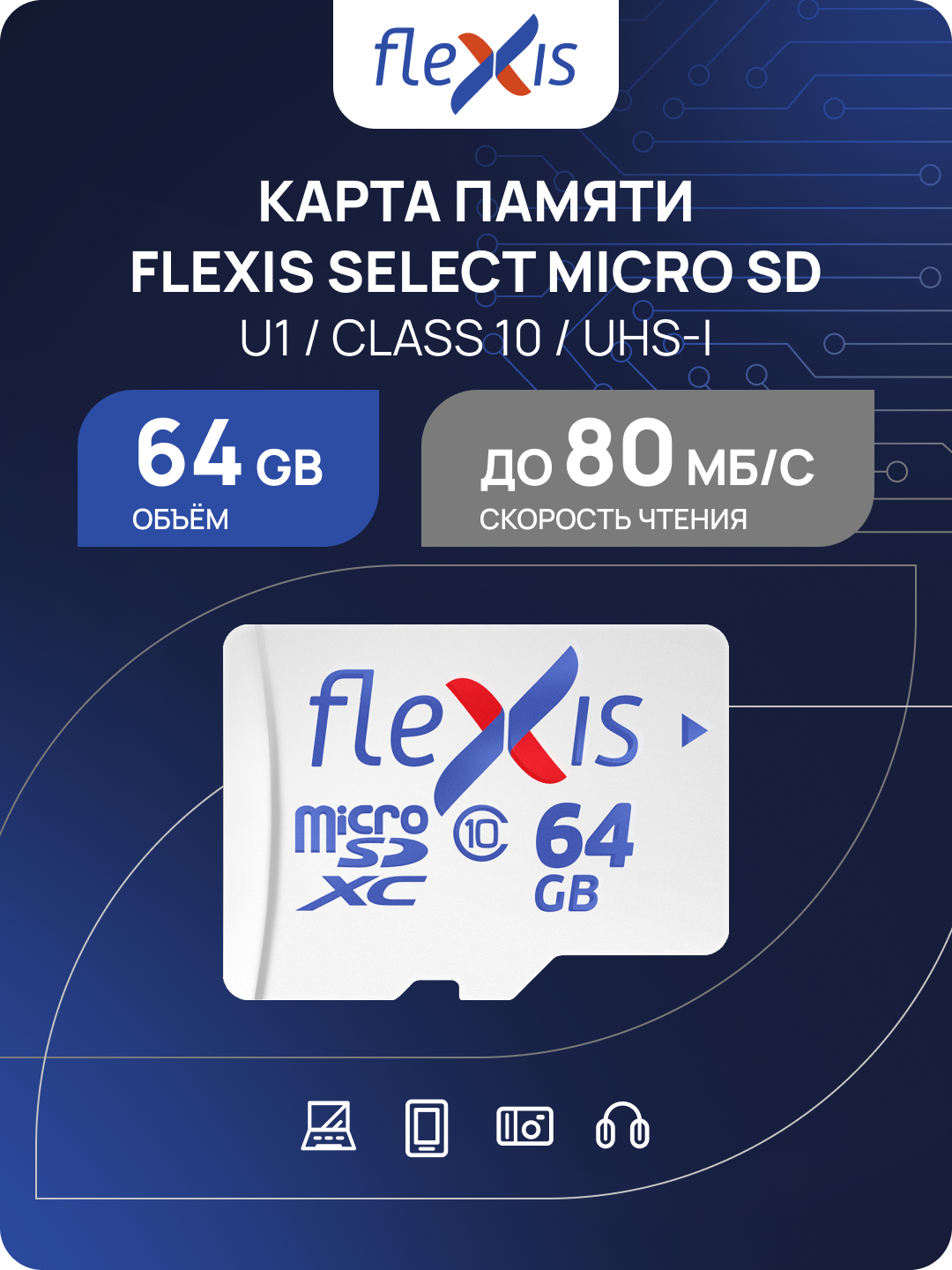 Карта памяти microSDXC 64GB Flexis Select, CL10 UHS-I U1, без адаптера, для телефона, планшета, FMSD064GU1