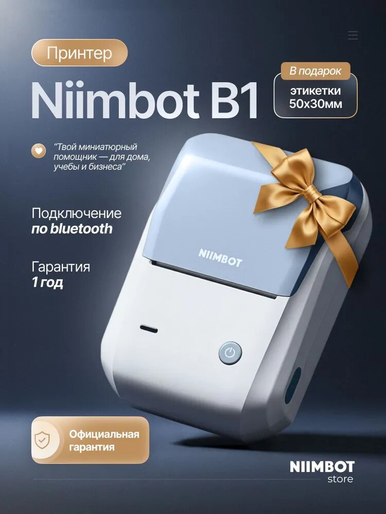 Термопринтер для этикеток и наклеек Niimbot B1 синий, беспроводной рулон этикеток 50x30 мм