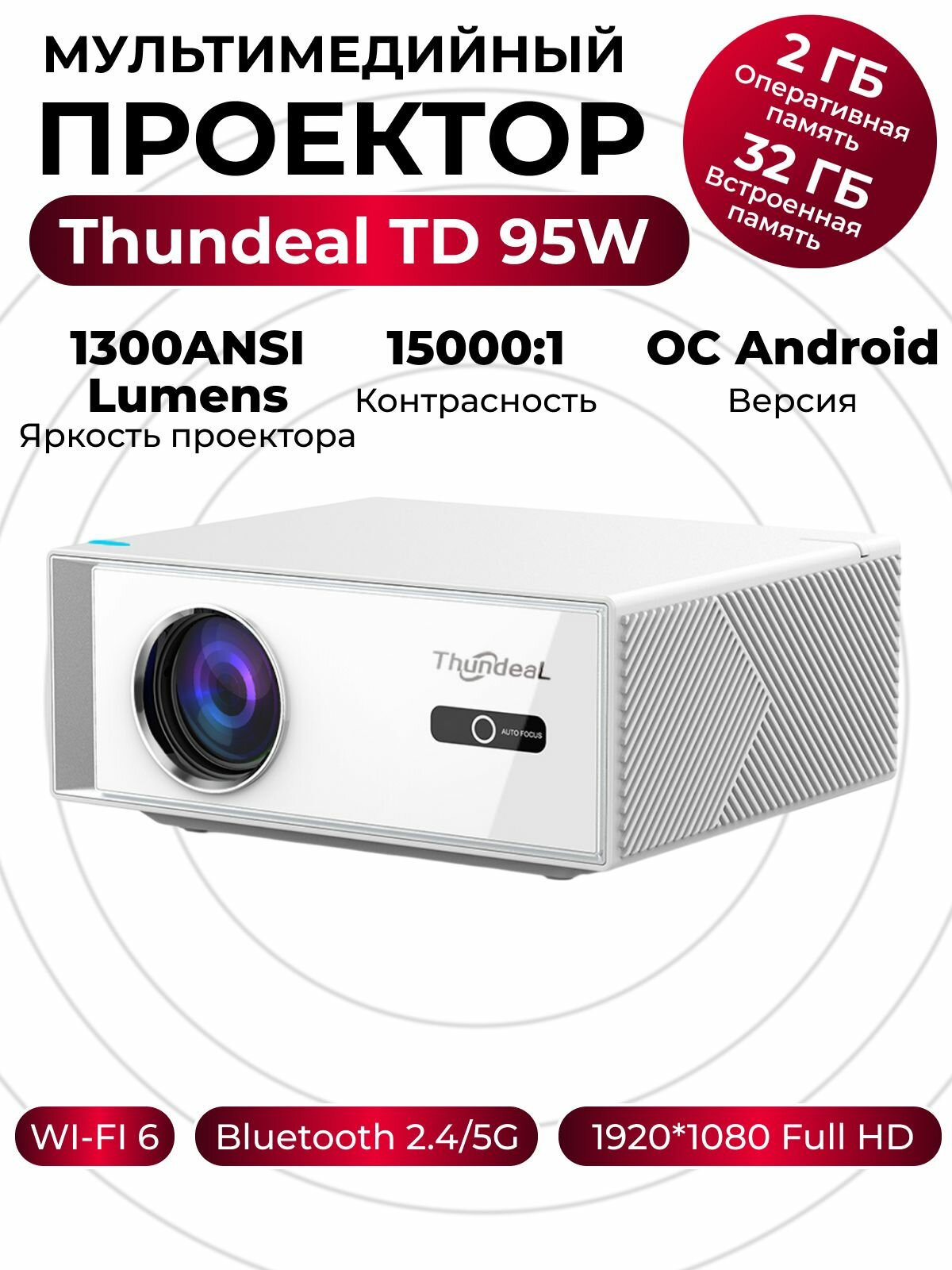 Проектор для фильмов домашний кинотеатр ThundeaL TD95W на Андроид с высоким разрешением FullHD