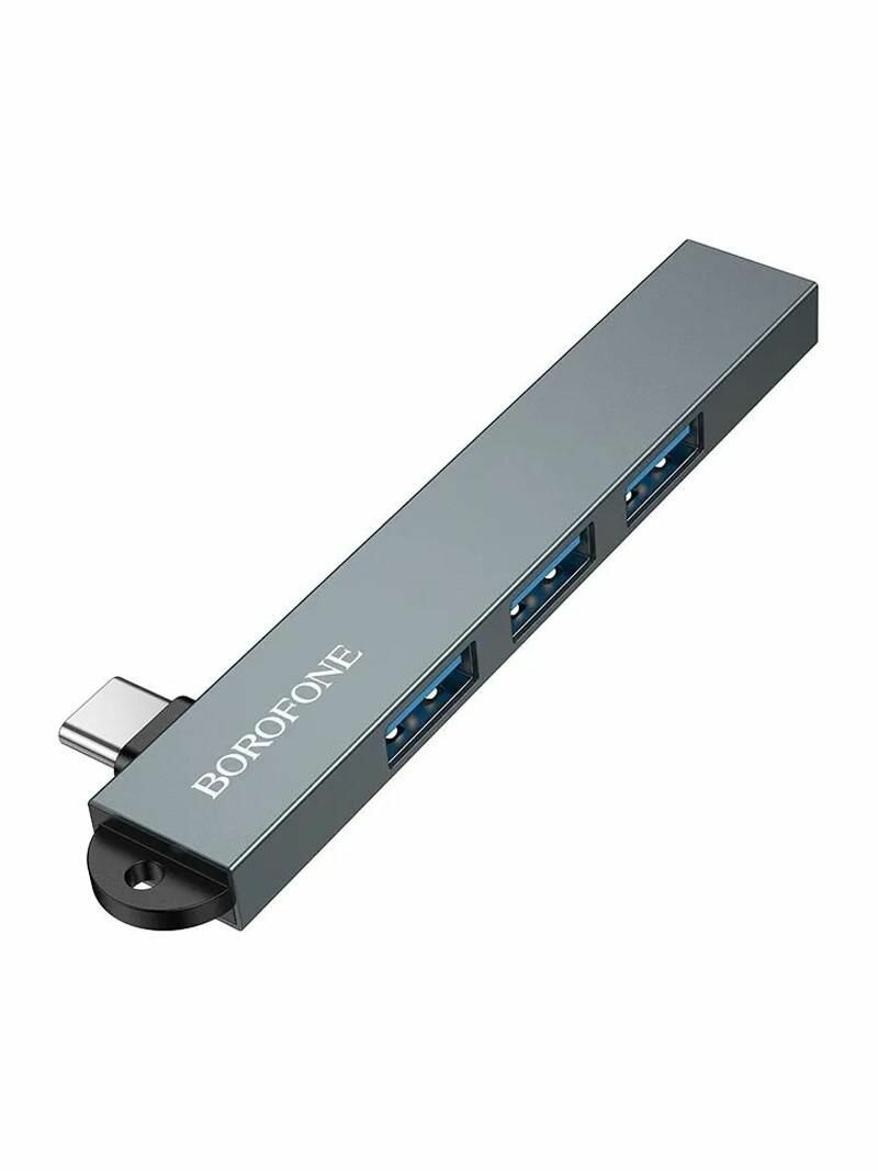 USB-концентратор Borofone FH1A Metal Grey OTG хаб - 1 порт USB3.0, 3 порта USB2.0 - металлик