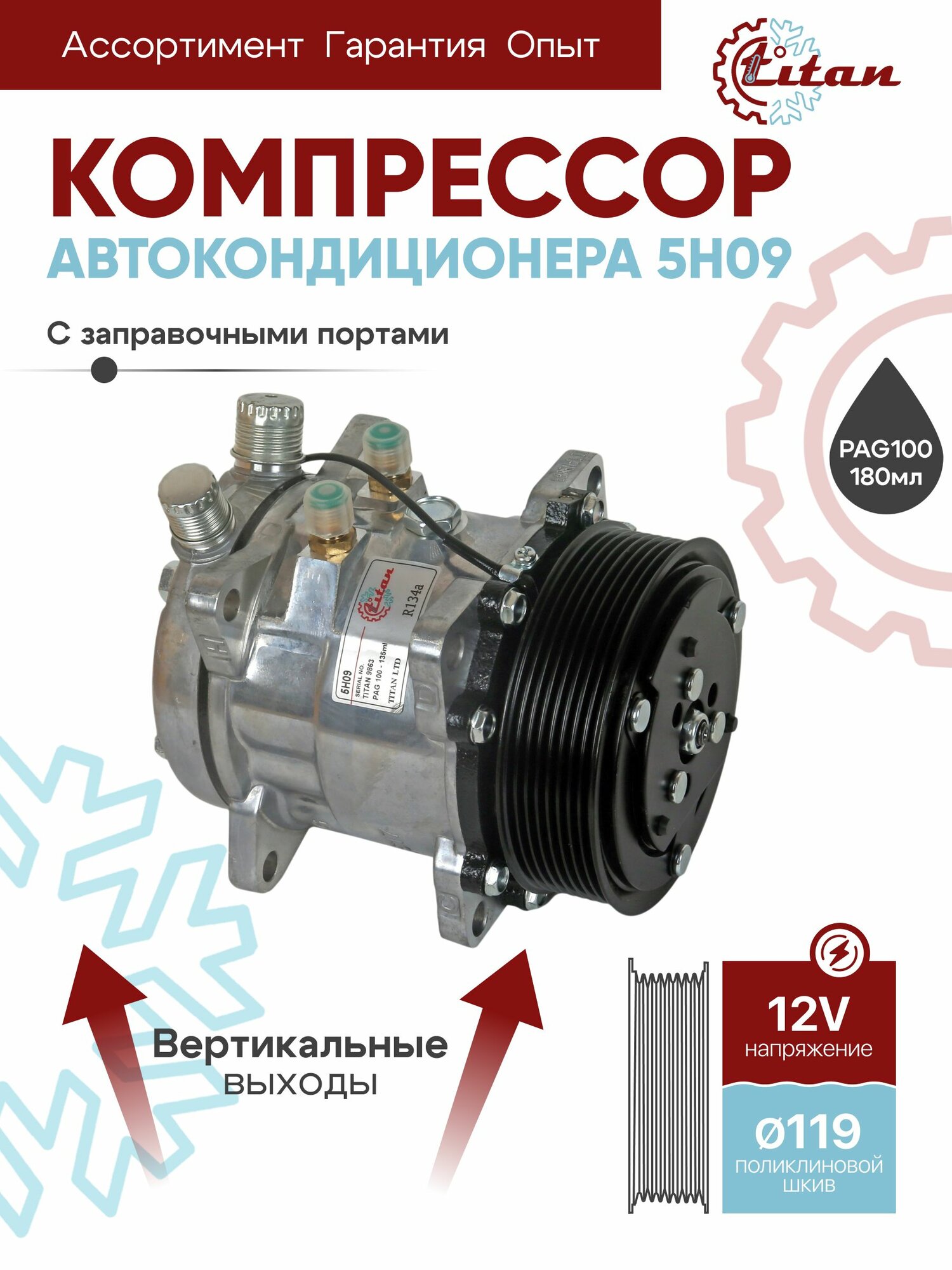 Компрессор 5H09 PV8 12V VER ЗП, 119, 43; 3/4"-7/8", O-RING TITAN