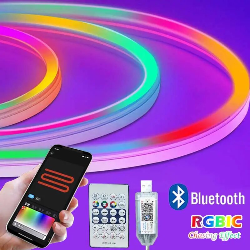 RGBIC неоновая лента 3м, Bluetooth, 5В, для декора