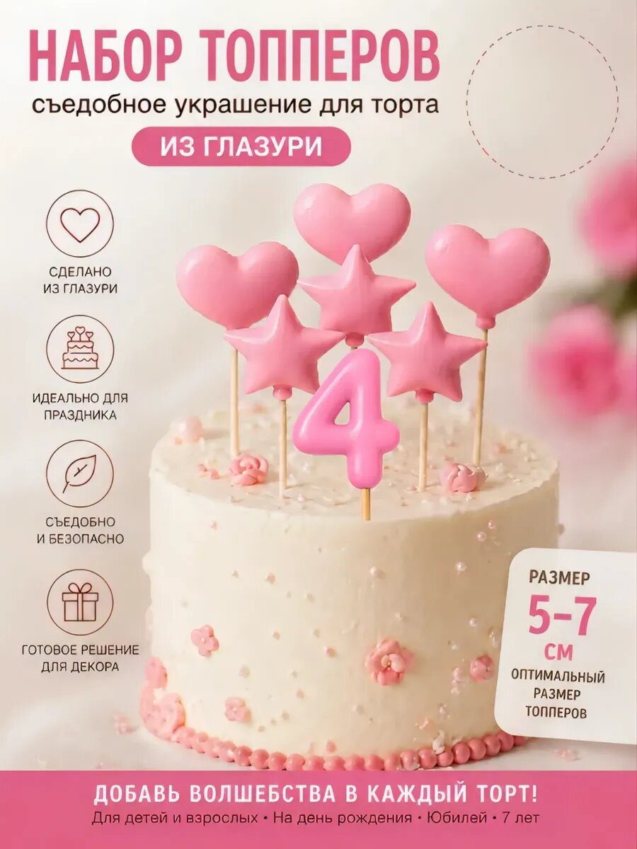 Топперы для торта "Украшения для торта", съедобные, в виде цифры "4", на палочке