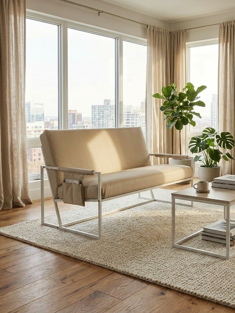 Диван мягкий для отдыха TetChair, металл белый, экокожа люкс модерн, кремовый