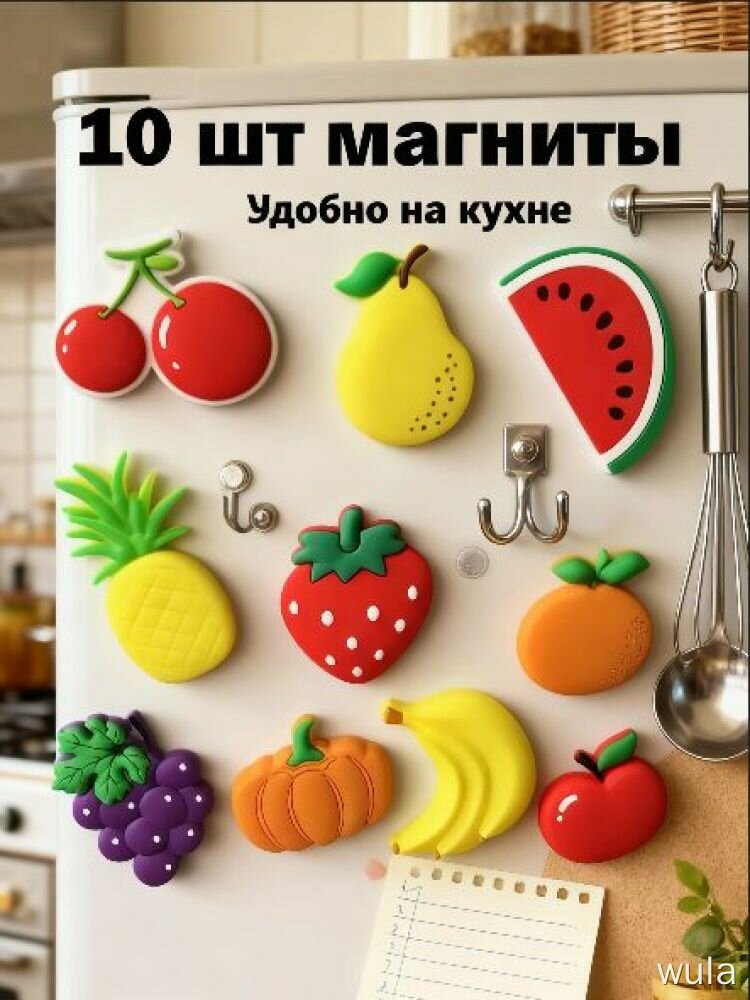 Магниты-фрукты 10 шт для кухни - яркий набор магнитов в виде фруктов и овощей
